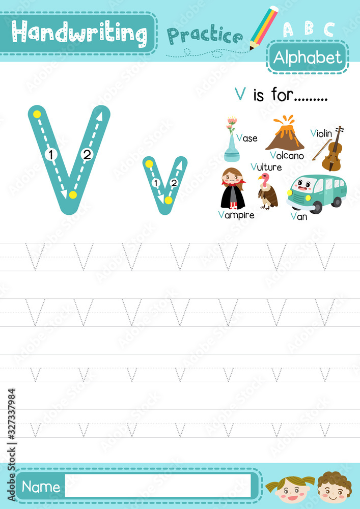 Letter V uppercase and lowercase tracing practice worksheet A4 Stock ...