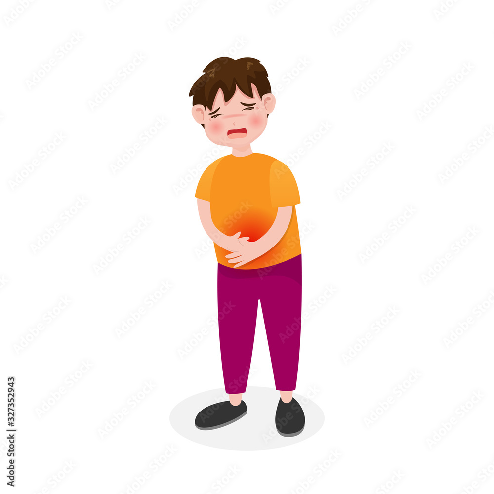 Little boy ache or painful stomach isolated on background. Vector ...