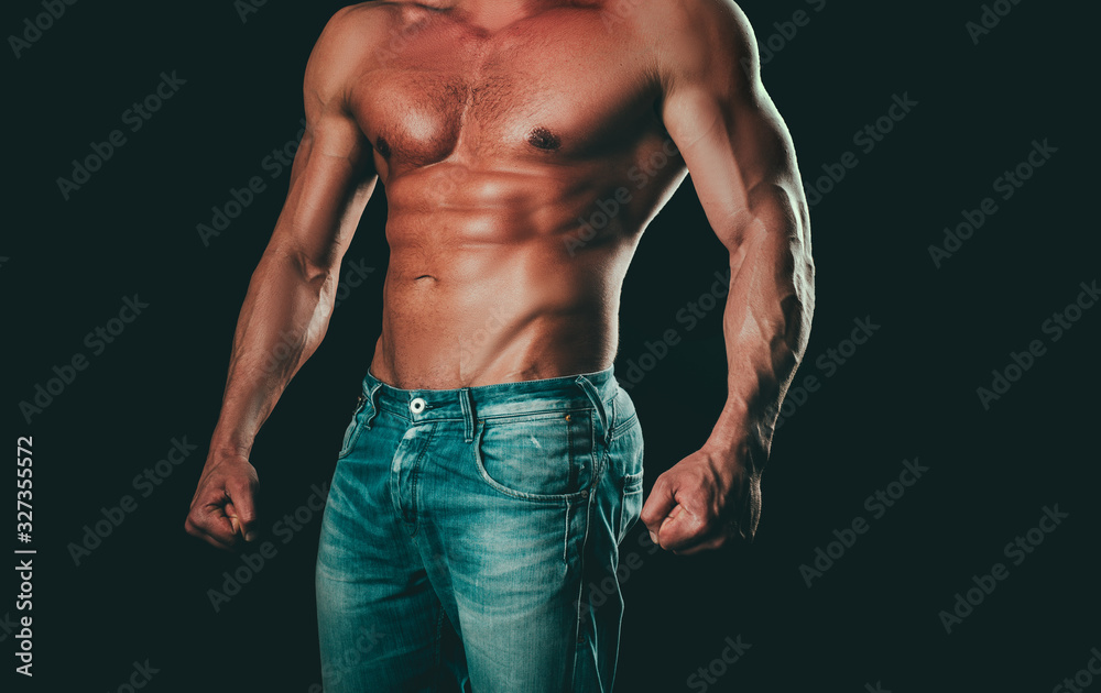 Athletic man with ab, abs or six pack. Closeup of a handsome man's ...