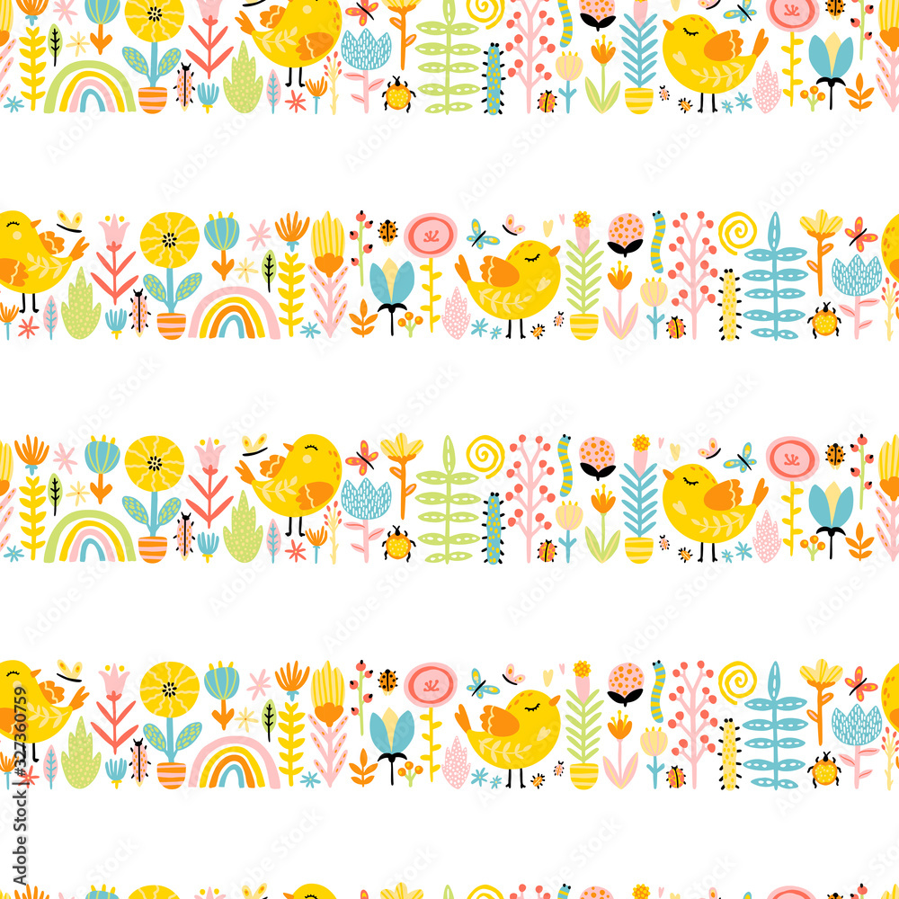 Spring seamless border patern with cute cartoon birds with chickens ...