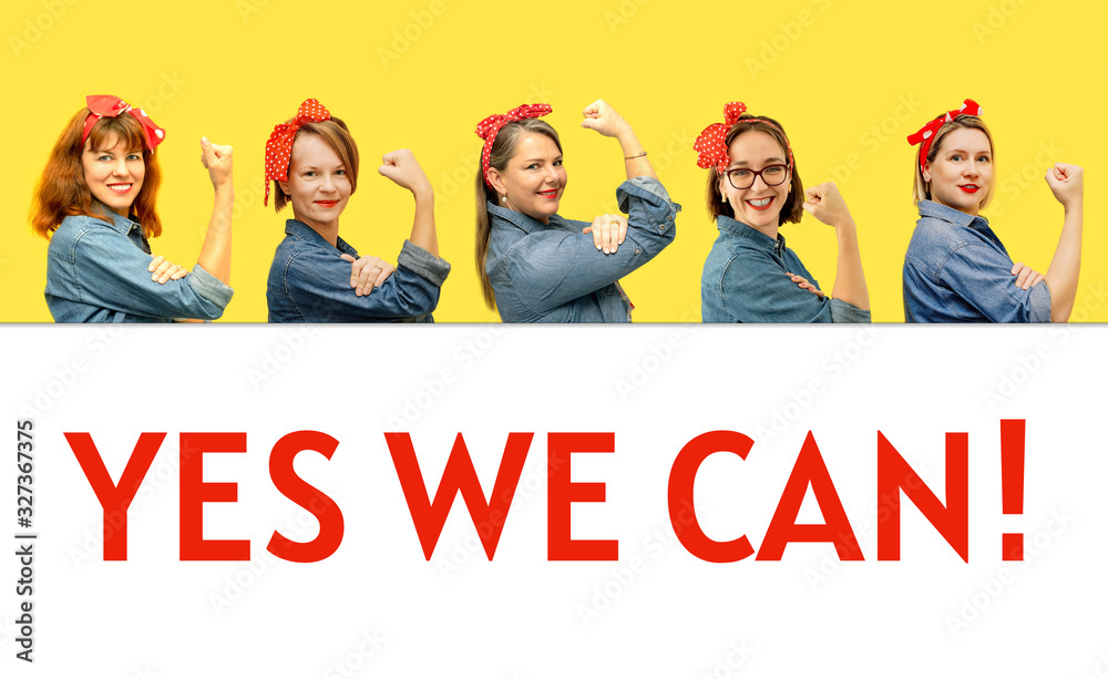 Women with a clenched fist rolling up their sleeves on yellow and white ...