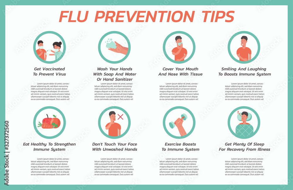 flu prevention tips infographic, healthcare and medical about fever protection, vector flat ...
