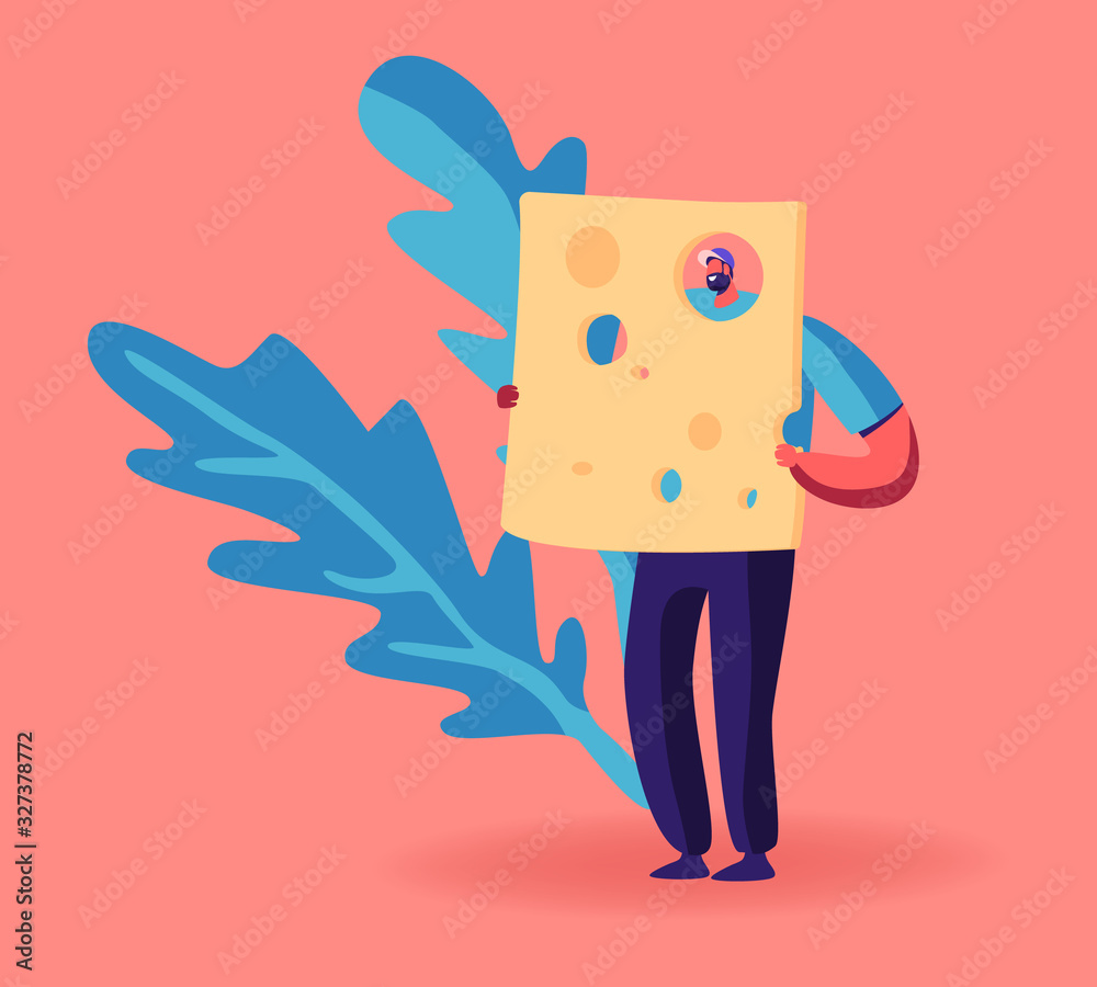 Man Hold Huge Piece of Cheese with Holes. Male Character Enjoying ...