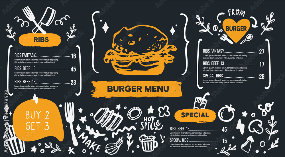 Burger menu with doodle icons and sketch burger, food background ...