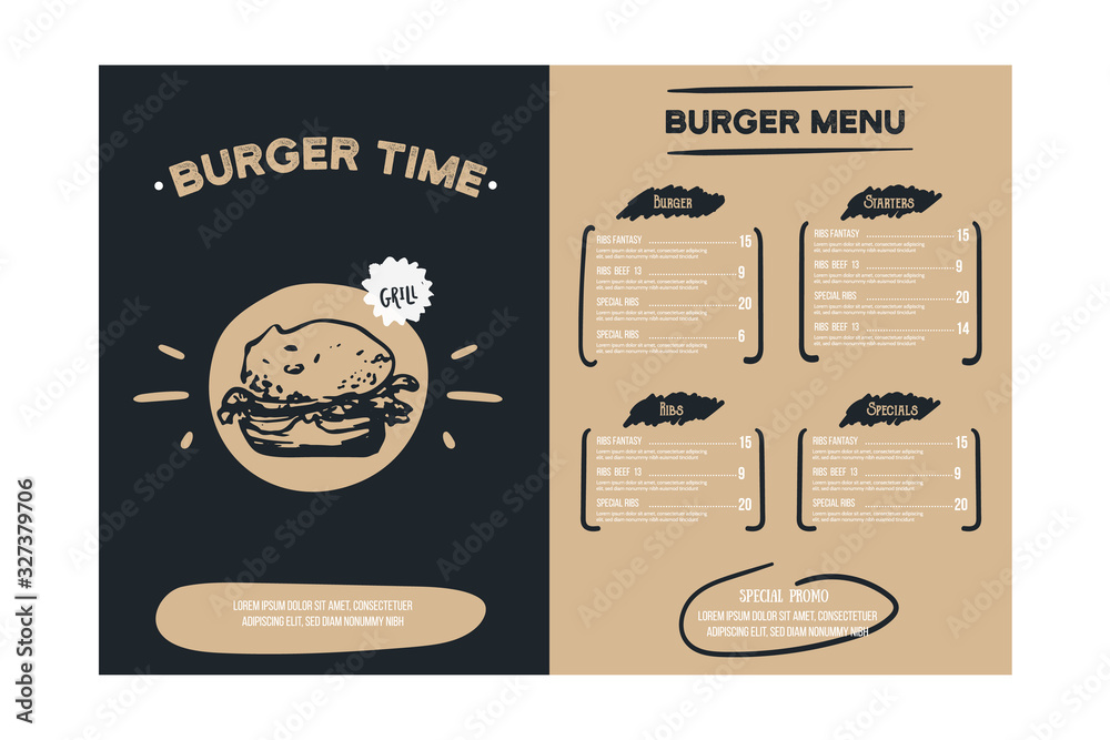 Burger menu with doodle icons and sketch burger, food background ...