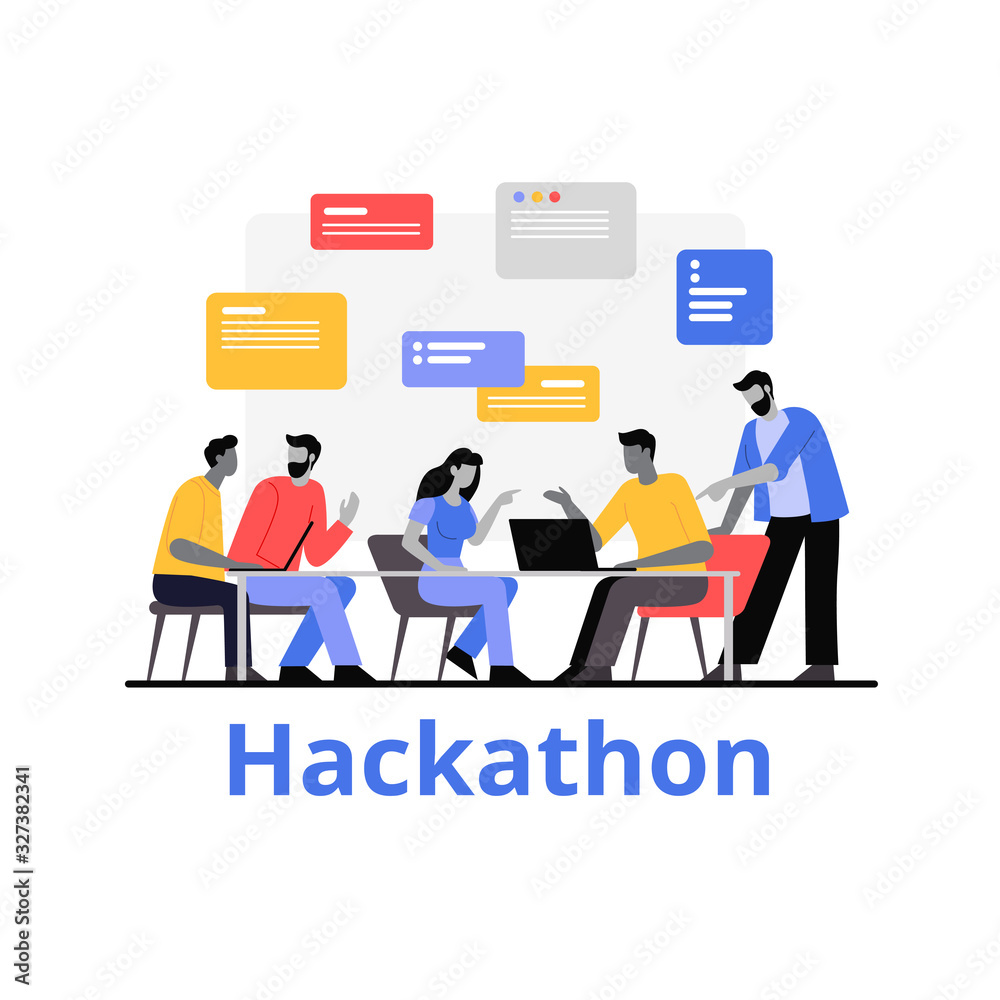 Vecteur Stock People working together hackathon vector flat ... Vecteur Stock People working together hackathon vector flat ...