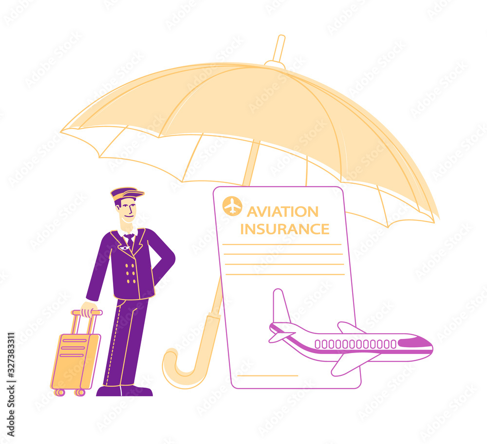 Aviation Insurance Concept. Pilot with Luggage Stand near Paper Policy ...