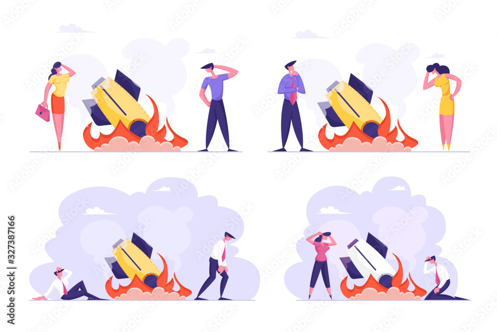 Set Startup Crash, Business Failure. Businesspeople Stand at Fallen ...