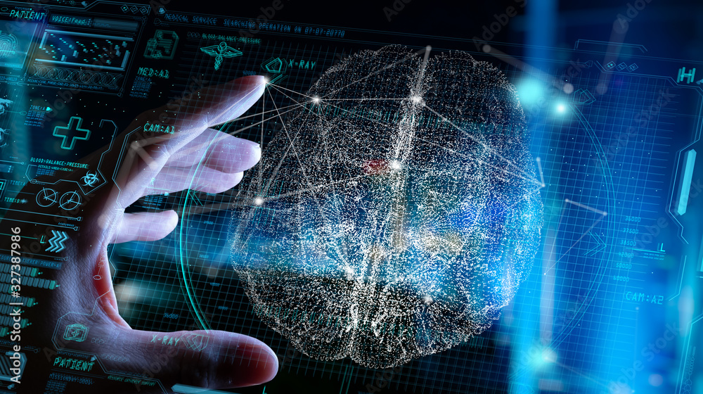 Close up of Doctor hand analyzing patient brain with human anatomy on ...