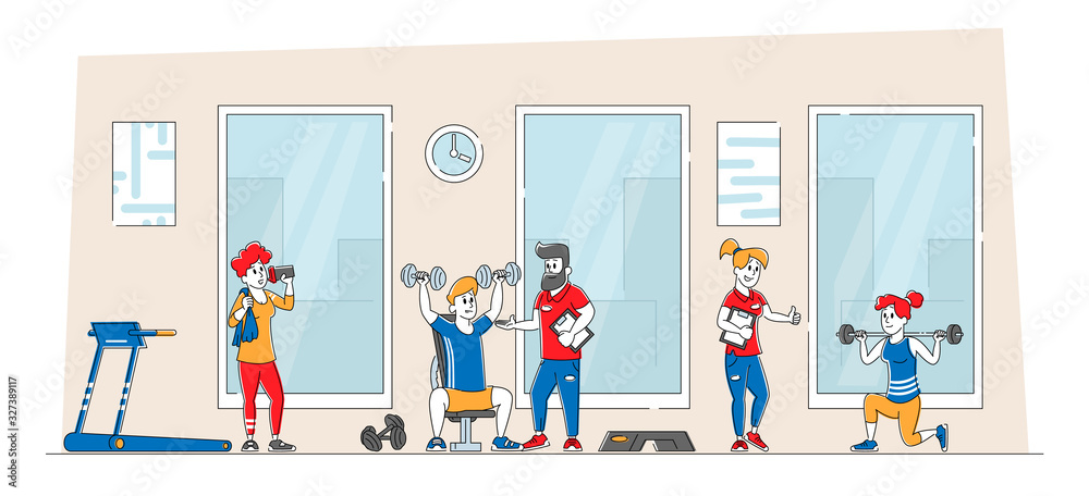 Training Exercises with Professional Trainer. People Doing Fitness in ...