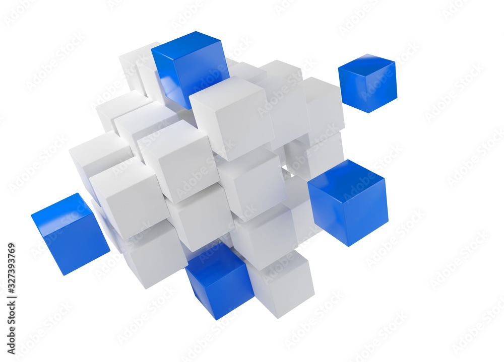 Blue cubes from heap of white cubes over white background - software ...