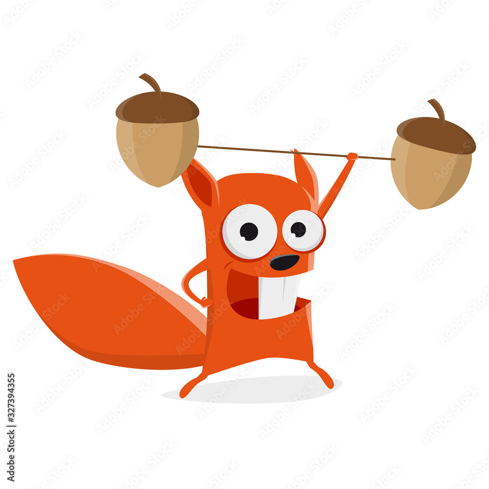 funny cartoon illustration of a squirrel having fun lifting weights ...