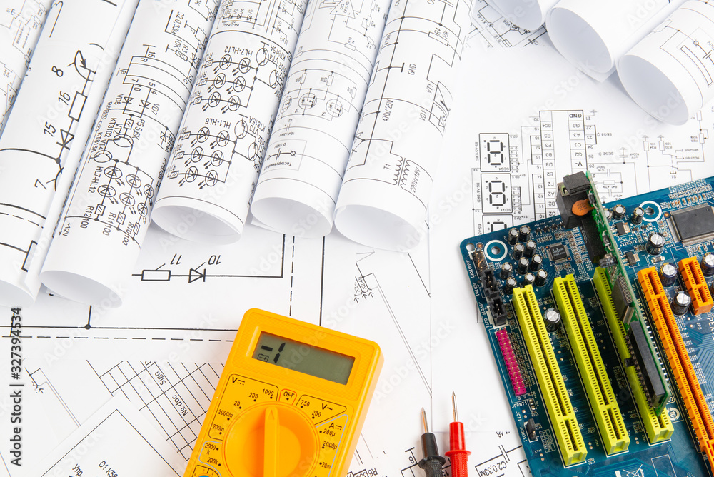 electrical engineering drawings, computer motherboard and digital ...
