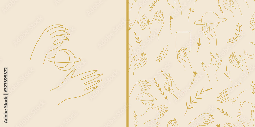 linear silhouette of a magic hand, modern trend design. space elements ...