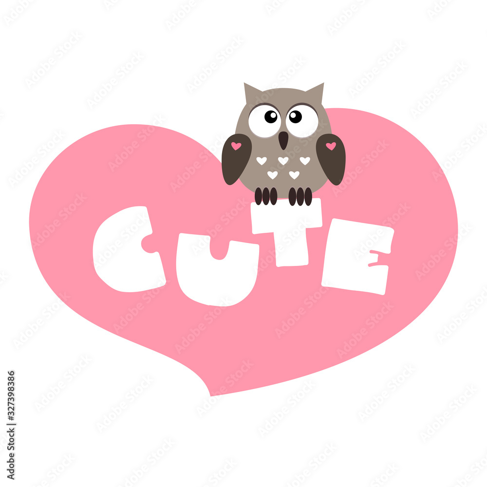 Cute. Illustration of a cute little owl sitting on a word "cute" on a ...