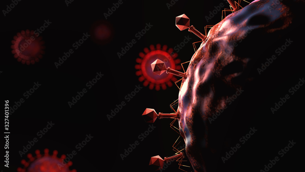 8K, 3D render bacteriophage flu virus micro organism cell under ...