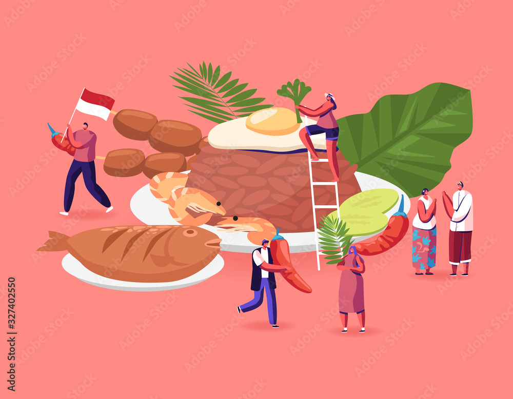 Traditional Indonesian Cuisine Concept. People in National Costumes and ...