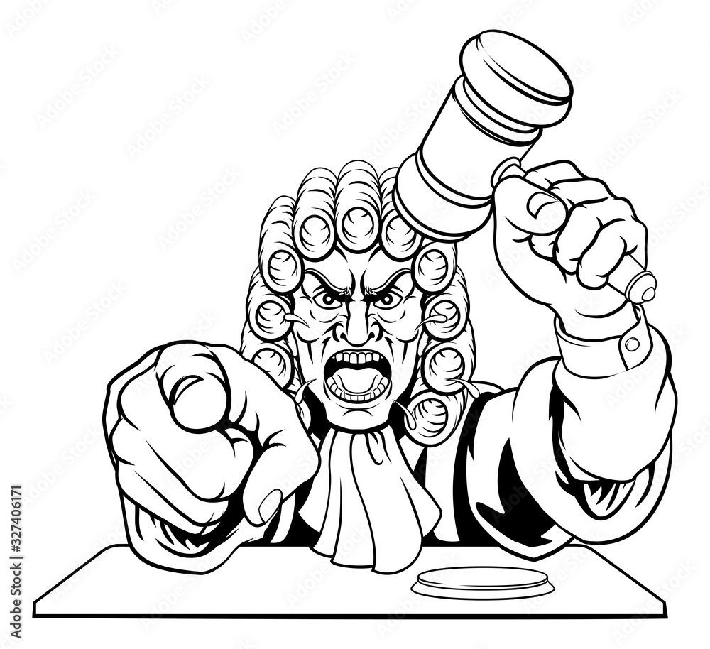 An angry judge cartoon character pointing and holding his gavel hammer ...