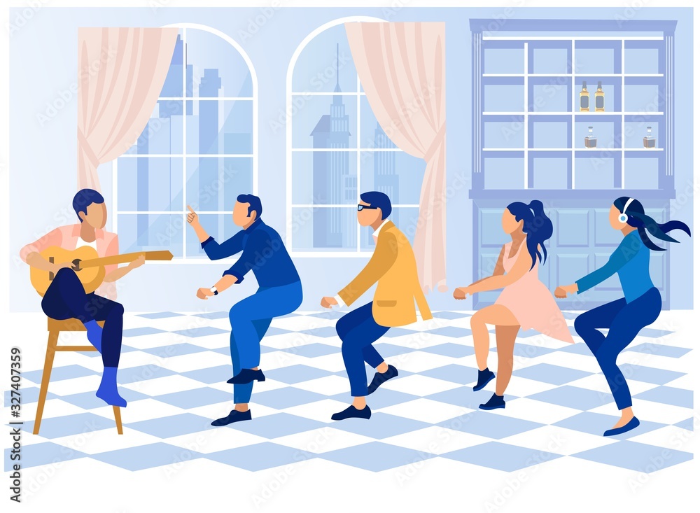 Office Corporate Party with Dancing People and Guitar Player Vector ...