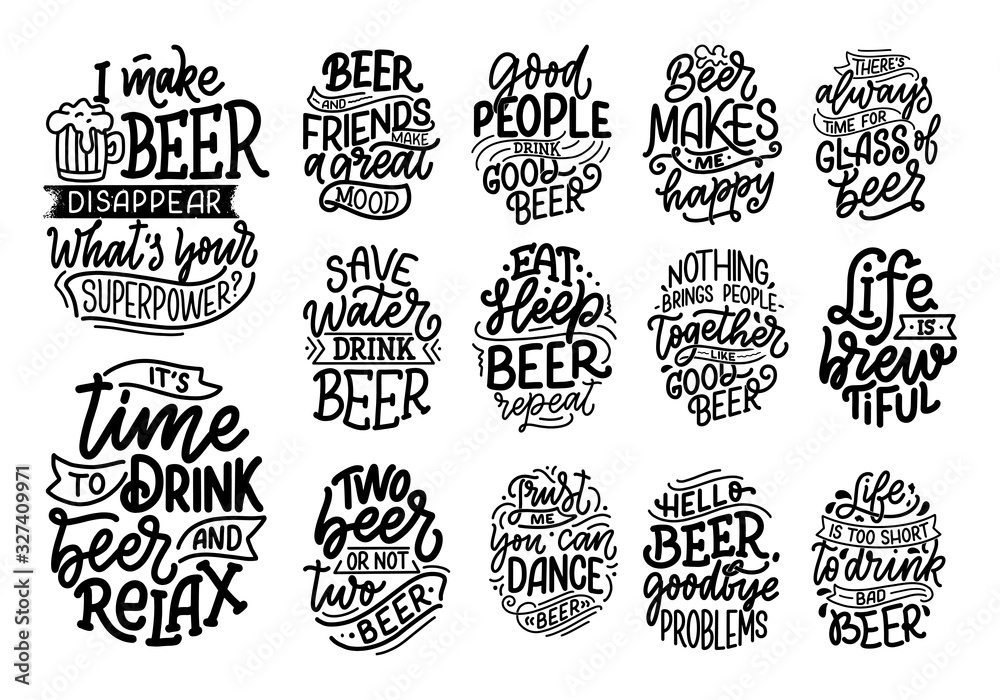 Set with lettering quotes about beer in vintage style. Calligraphic ...
