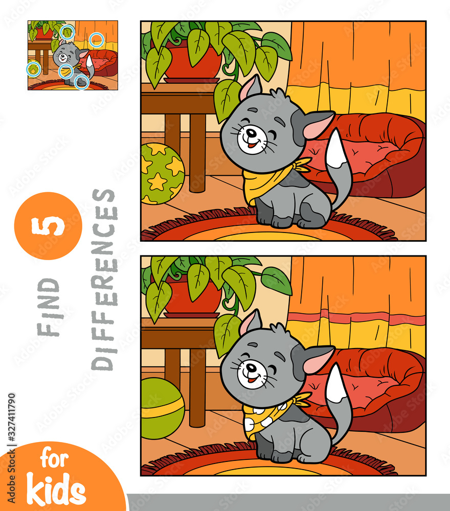 Find differences, education game for children, Cat in the living room ...