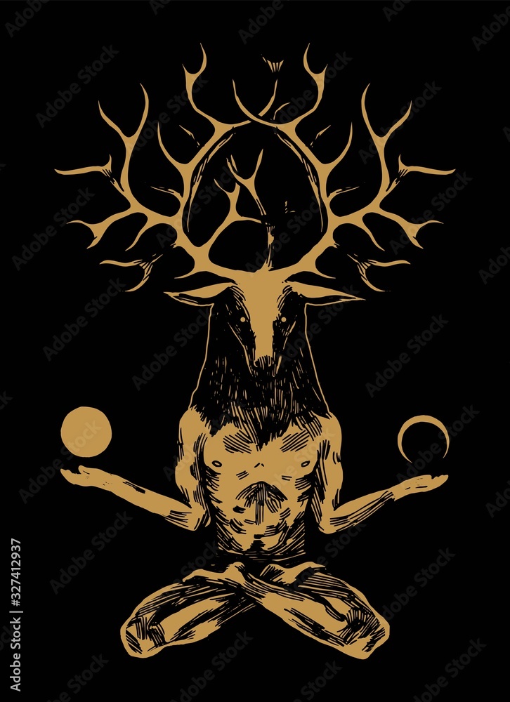 Deer god sitting in lotus pose with full moon and young one in his ...