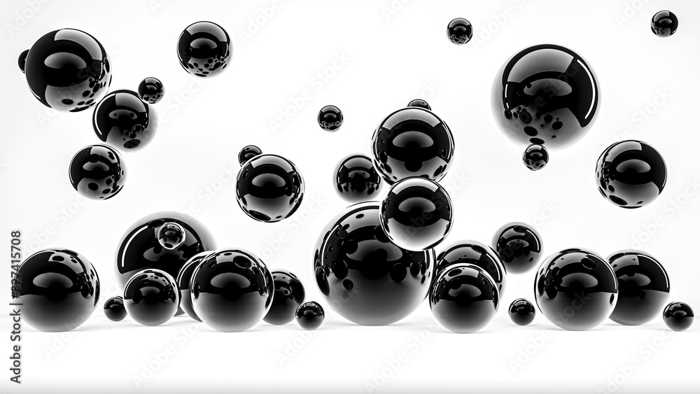 Glossy black spheres on a white background. Flying black spheres. 3D ...