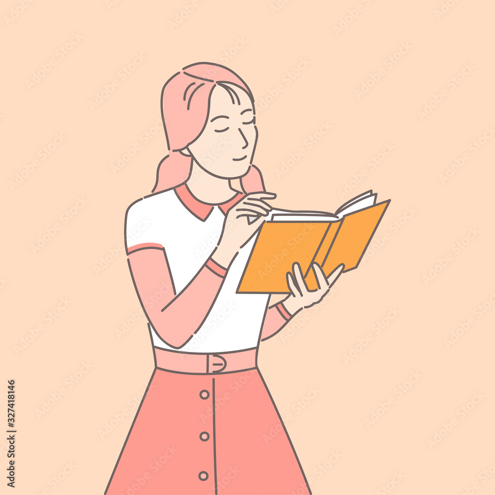 Girl reading paper book vector cartoon illustration. Woman enjoying ...