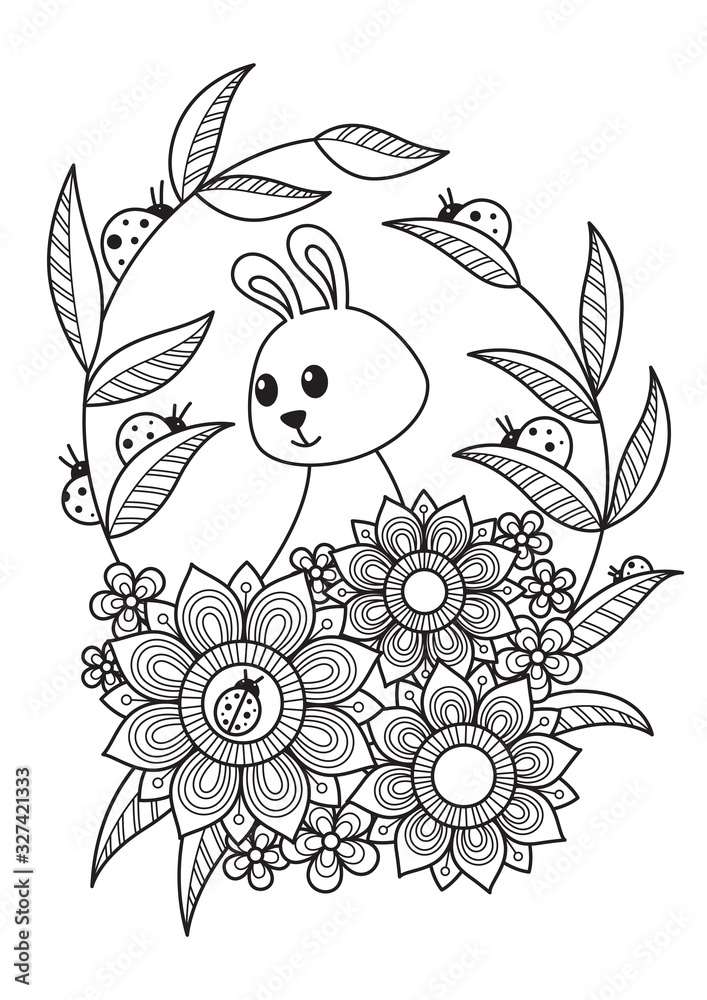 Cute easter bunny in flowers doodle coloring book page. Hand Drawn ...