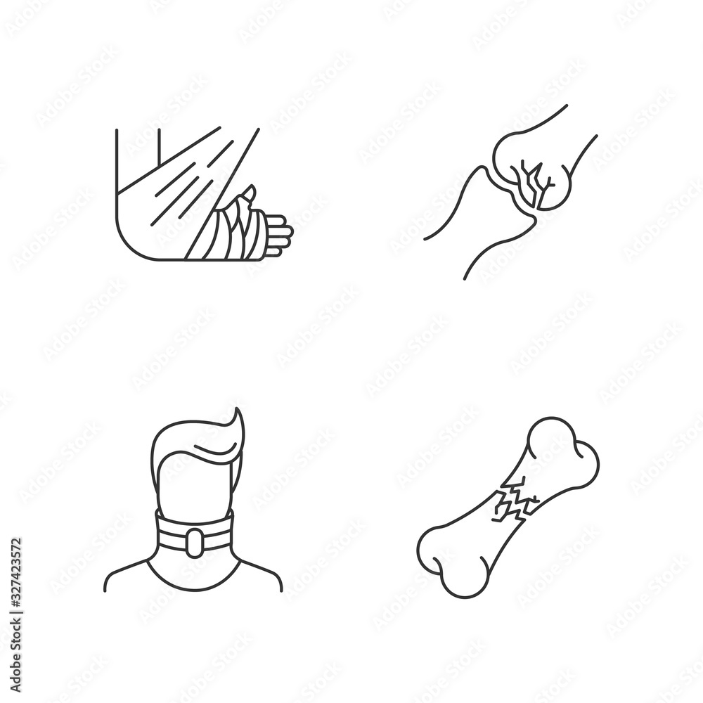 Body injuries pixel perfect linear icons set. Bone and joint fractures ...