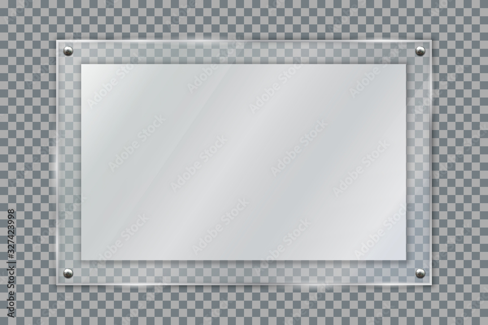 Blank poster in 3d realistic glass frame hanging on wall isolated on ...
