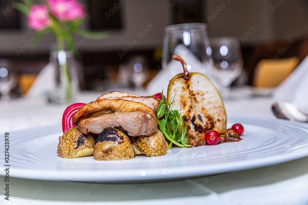 The food in the restaurant. Food styling and restaurant meal serving ...