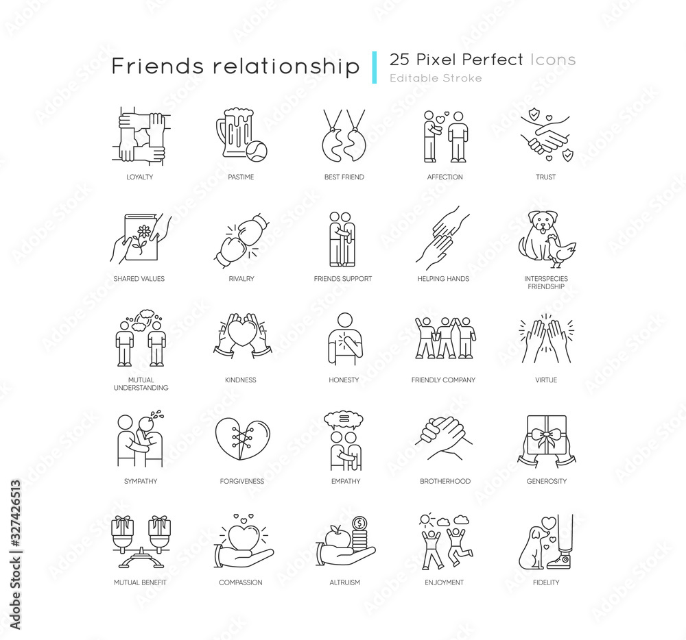 Friendly relationship pixel perfect linear icons set. Friendship ...