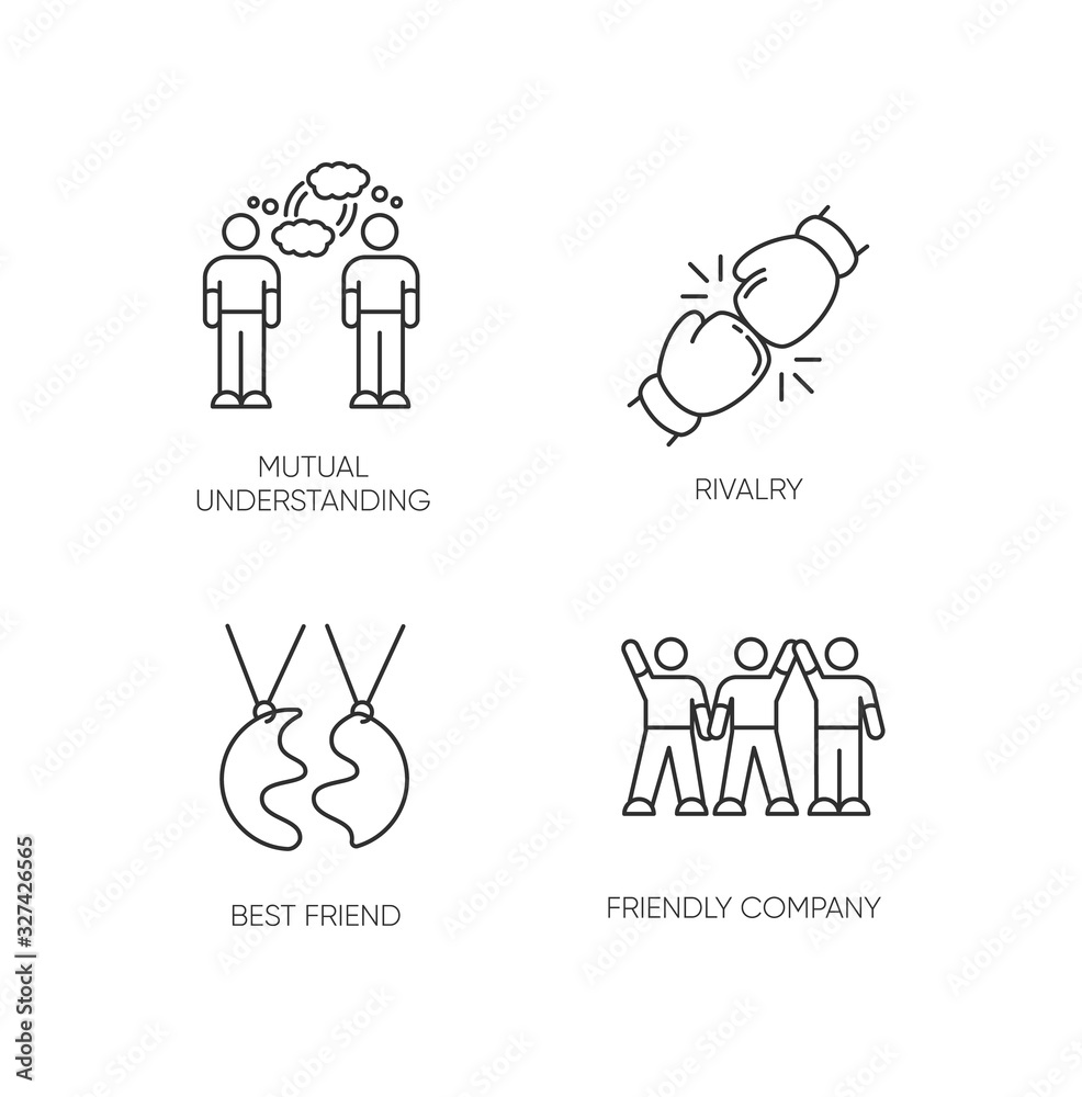 Friendship types pixel perfect linear icons set. Mutual understanding ...