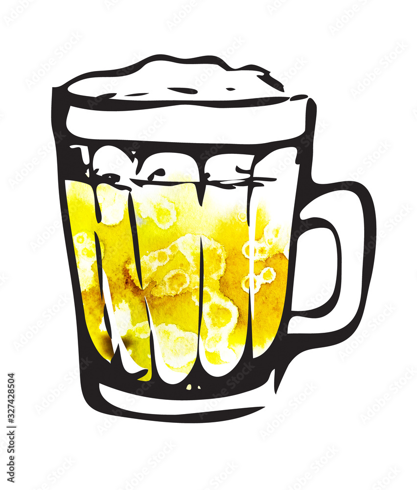 Hand drawn ink style graphics watercolor illustration: beer glass ...