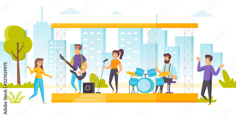 Happy people enjoying music at open air concert, summer musical ...