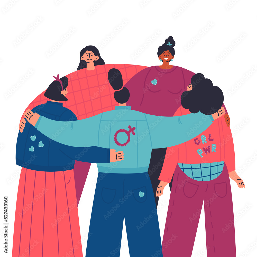 Happy women standing together and hug each other.Group of female ...