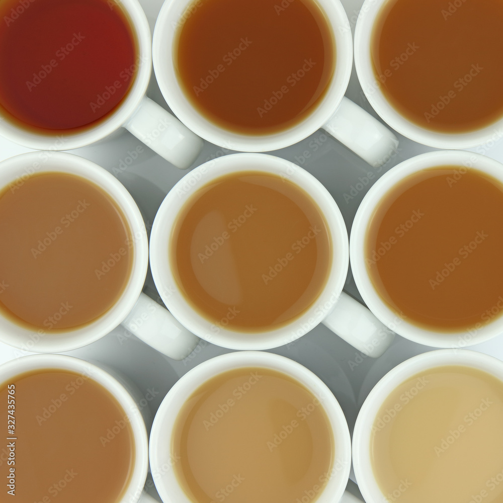 Overhead photo of a spectrum of different strength of tea Stock Photo ...