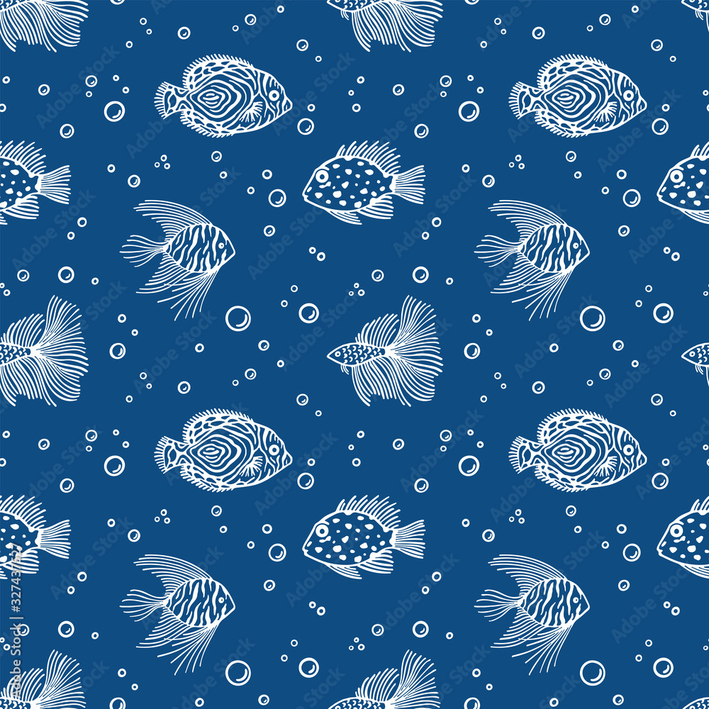 Seamless Pattern With Fish On Classic Blue Background Color Is Classic 
