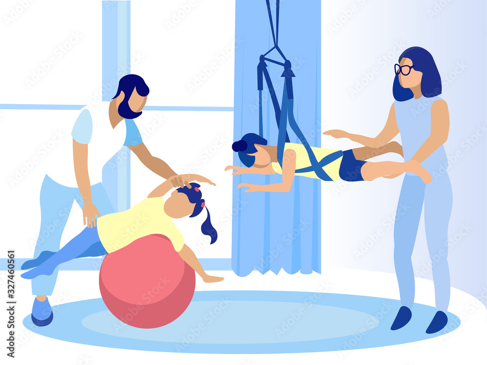 Children and Doctors in Physiotherapeutic Room. Man Woman ...