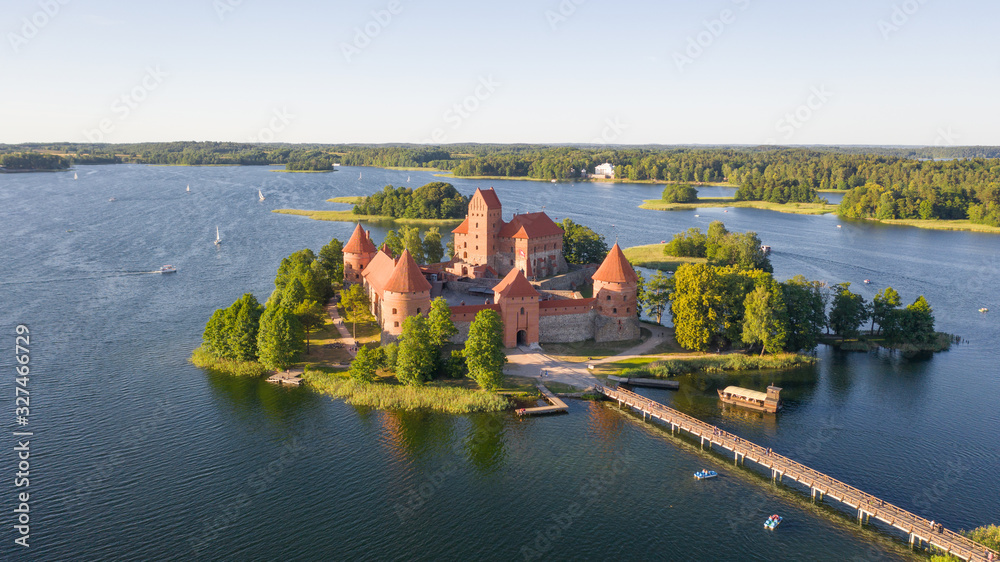 Beautiful aerial view photo from drone on Trakai Castle, located in the ...