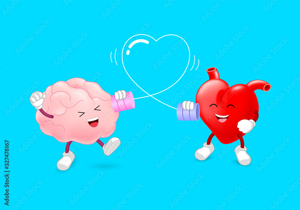Cute cartoon brain character and heart talking on the can phone ...