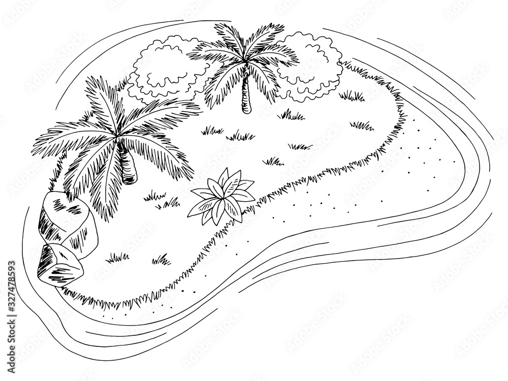 Island top aerial view graphic black white landscape sketch ...