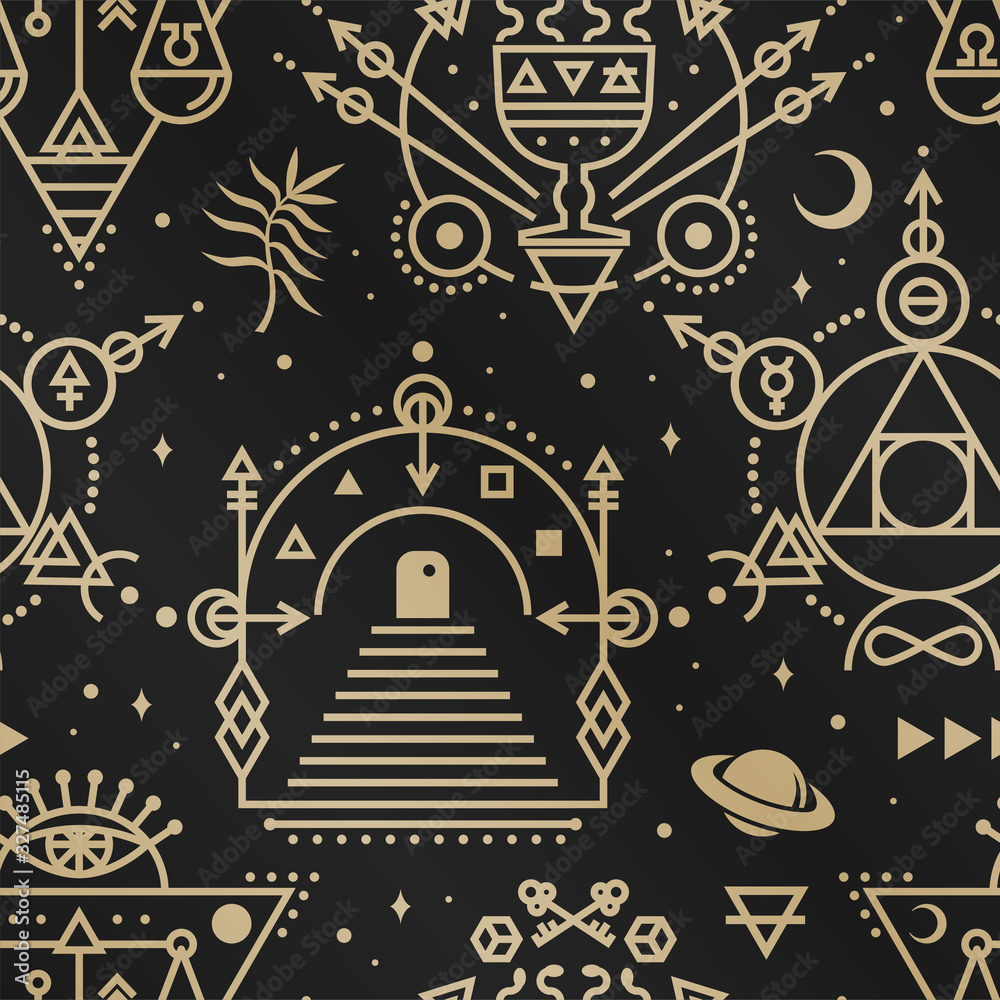 Gold esoteric seamless pattern, background. Vector. Thin line geometric ...