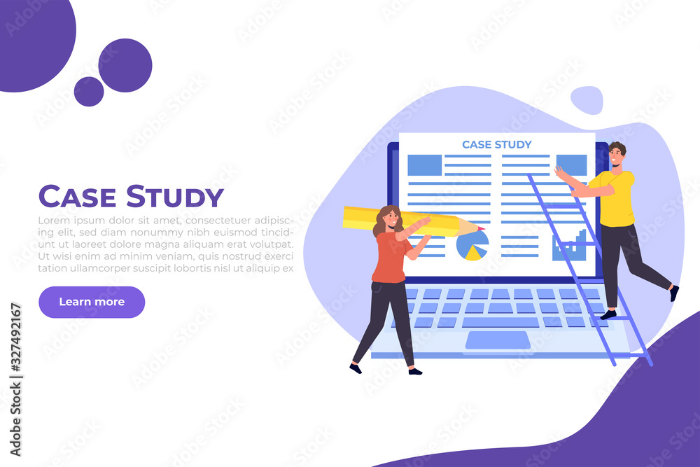 Case study concept with tiny character. Flat style vector illustration ...