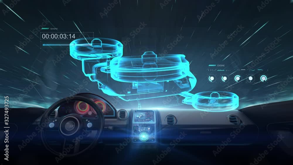 Autonomous flying drone taxi hologram in car dashboard, futuristic user ...