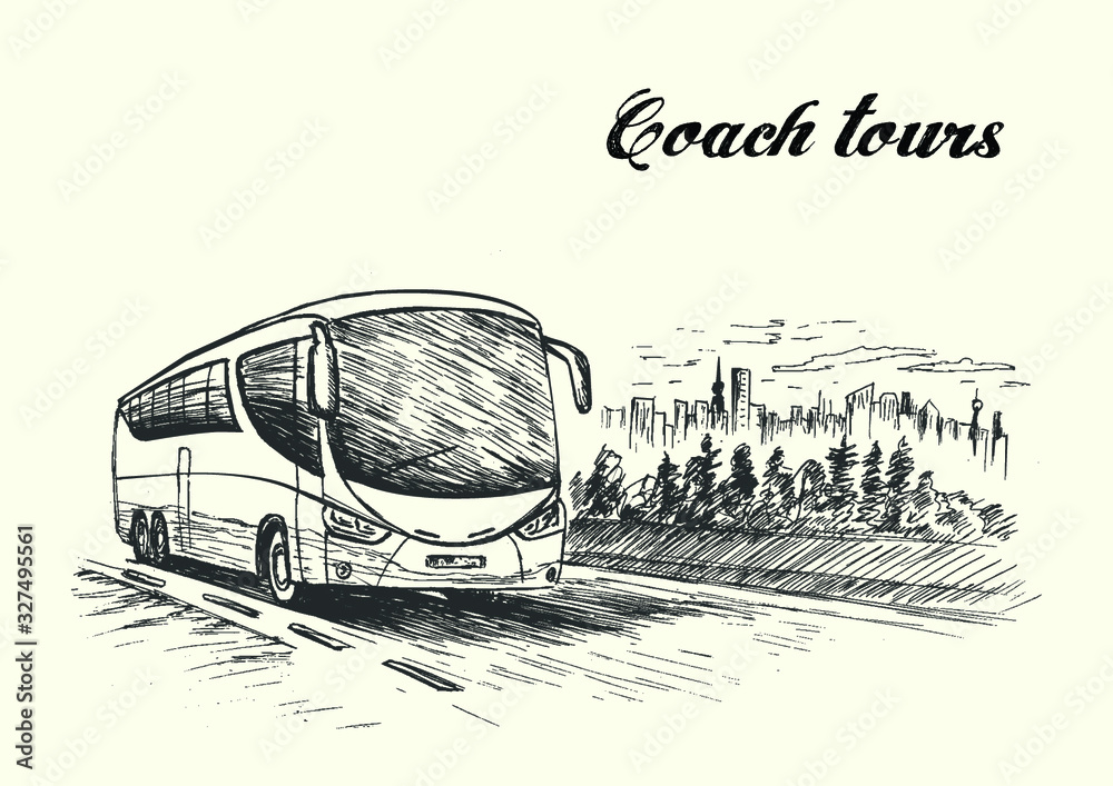 Bus quickly moving on highway,hand drawn, sketch style,vector ...