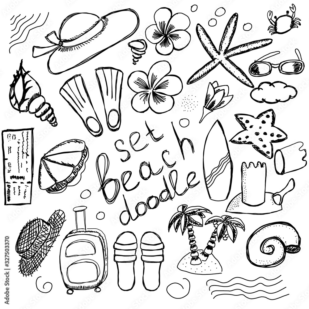 Set of beach doodle elements. Hand draw objects on marine, travel and ...