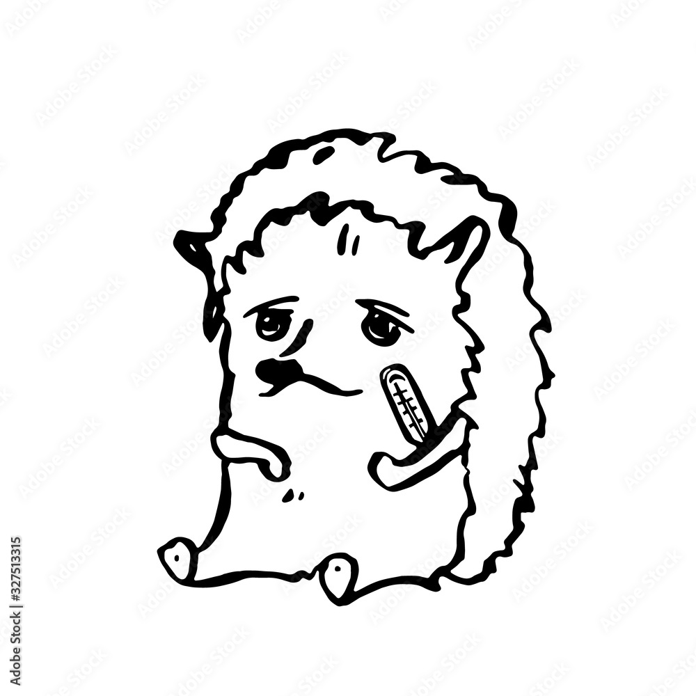 A sad hedgehog is sick, measures the temperature with a thermometer ...