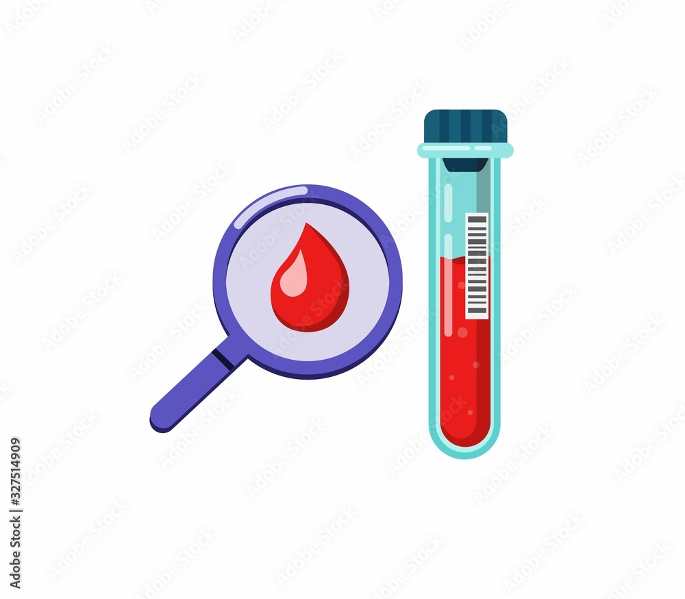 magnifying glass with blood test tube, medical exam in blood sample ...